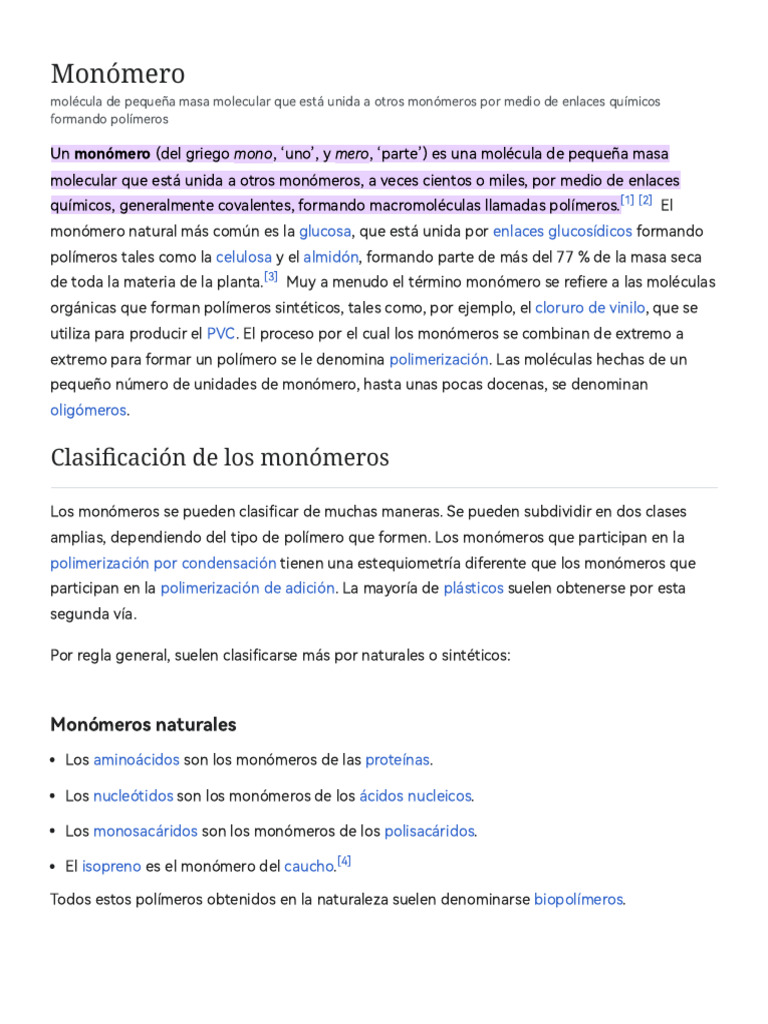 Monómero - Wikipedia, La Enciclopedia Libre | PDF | Monómero | Polímeros