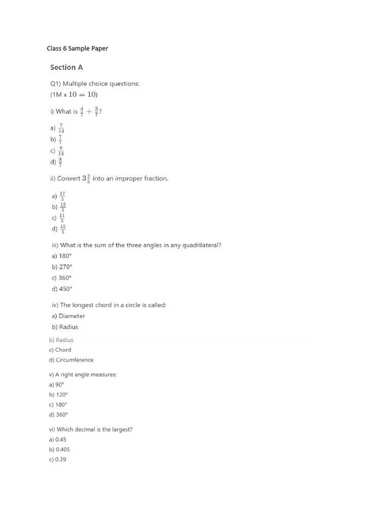 Class 6 Sample Paper | PDF