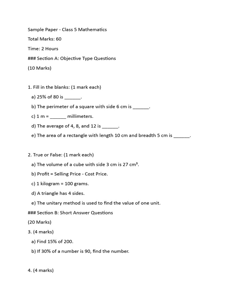 Sample Paper Class 5 | PDF