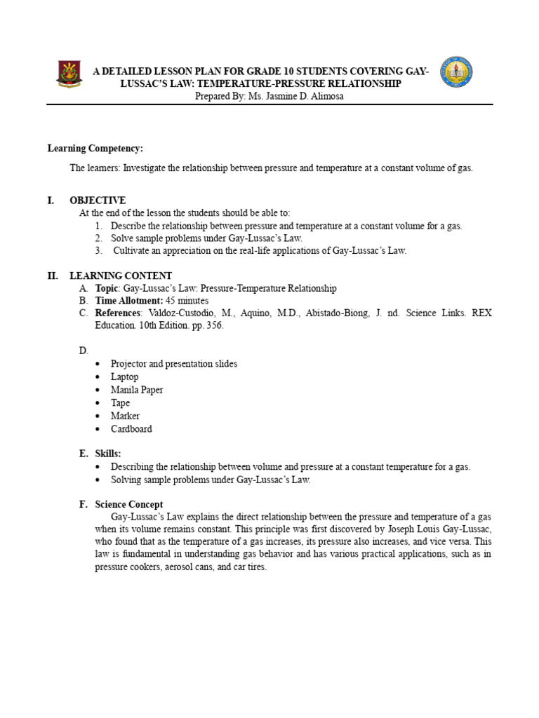 GRADE 10 DLP 3 Gay-Lussac's Law | PDF | Gases | Physics