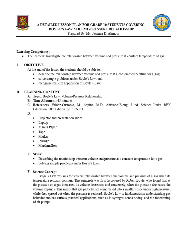 Grade 10 Lesson Plan: Boyle's Law | PDF | Gases | Pressure