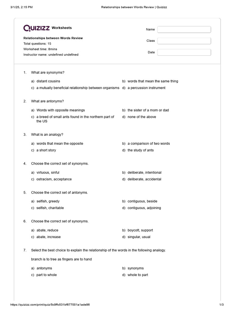 Word Relationships Review Quiz | PDF | Linguistic Morphology | Grammar