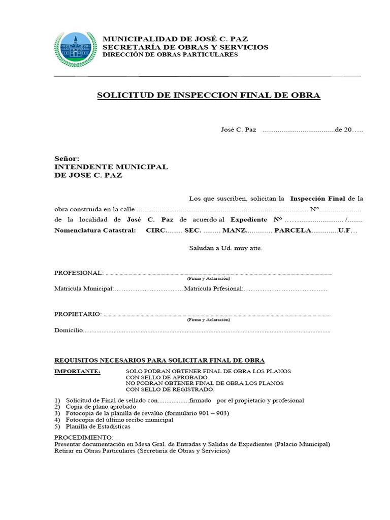 Solicitud de Inspección Final de Obra | PDF
