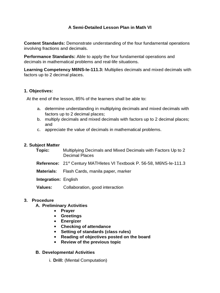Lesson Plan: Multiplying Decimals VI | PDF | Flashcard | Decimal