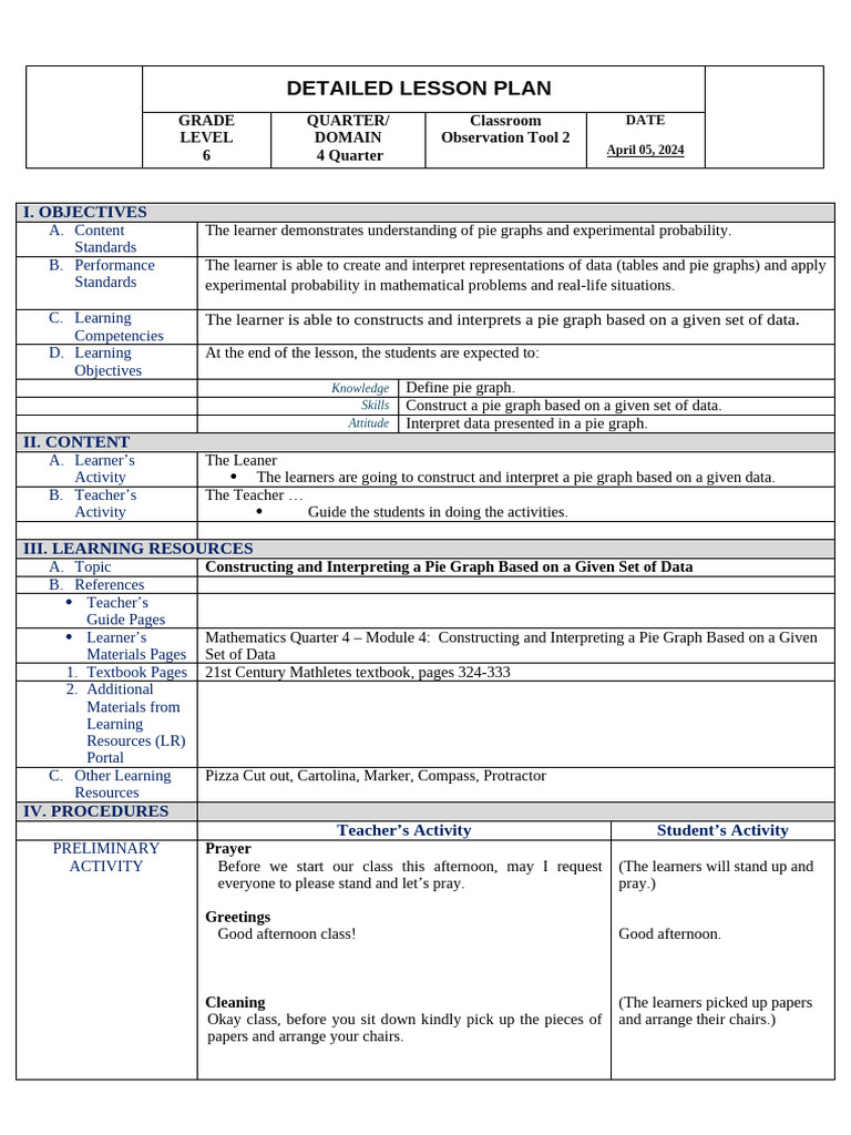 Constructing and Interpreting a Pie Graph Based on a Given Set of Data Lesson Plan (3) | PDF ...