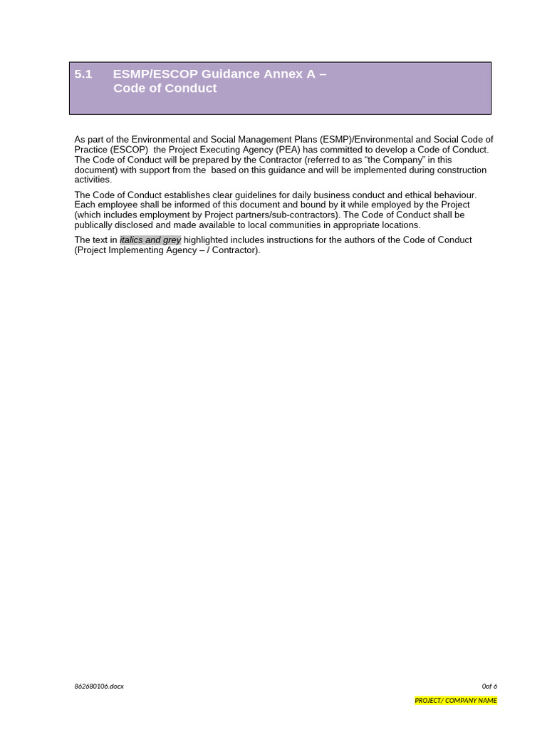 5.1 - ESMP+ESCOP Annex A Code of Conduct | PDF | Occupational Safety ...