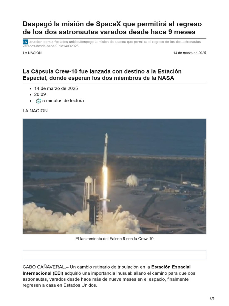 lanacion.com.ar-Despegó la misión de SpaceX que permitirá el regreso de los dos astronautas ...