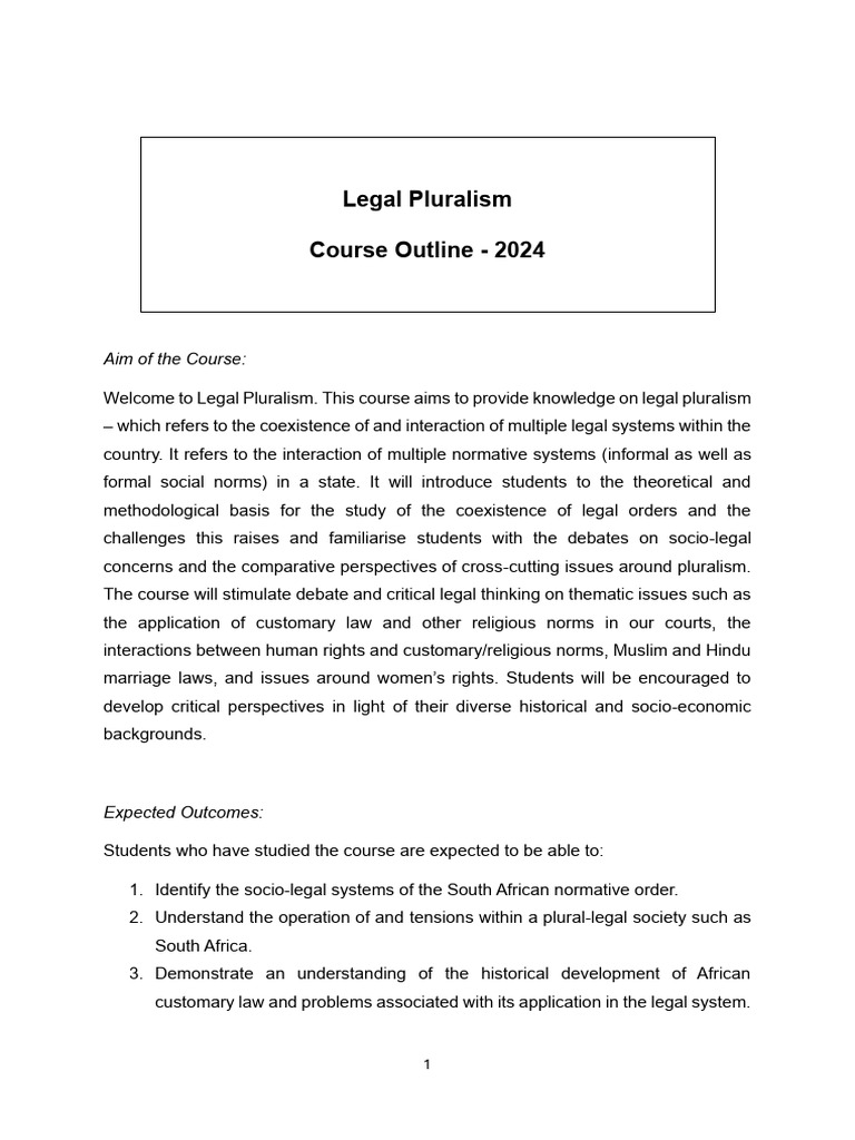2024 07 03 - Legal Pluralism Course Outline | PDF | Social Psychology ...