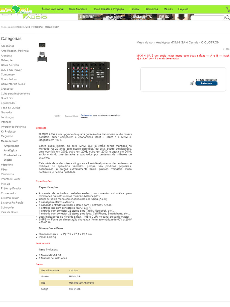 Mesa de Som Analógica MXM 4 SA 4 Canais - CICLOTRON - Brasil Áudio | PDF | Tecnologia de ...