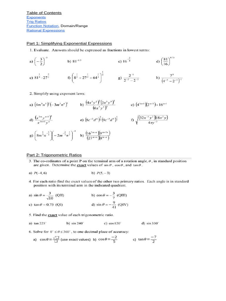 Math Concepts: Exponents & Trig Ratios | PDF