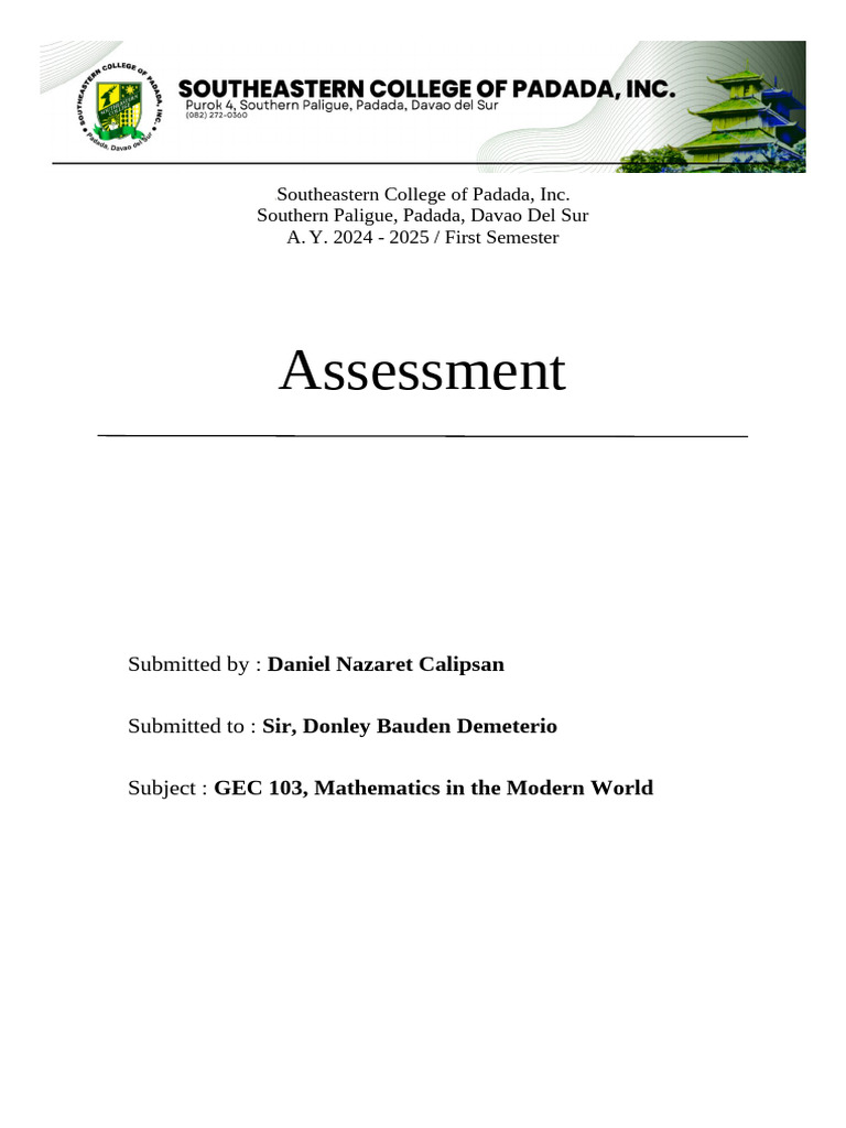 Daniel Calipsan, My Assessments for Mathematics GEC 103 | PDF ...