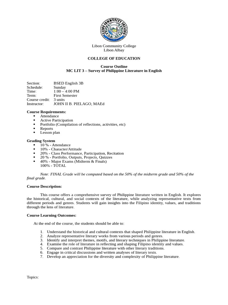 MC LIT 3 Course Outline | PDF | Intersectionality | Poetry