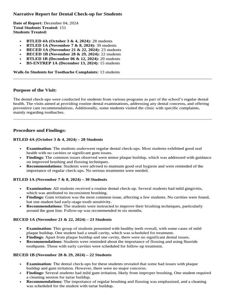 Narrative Report For Dental Check | PDF | Dentistry | Oral Hygiene