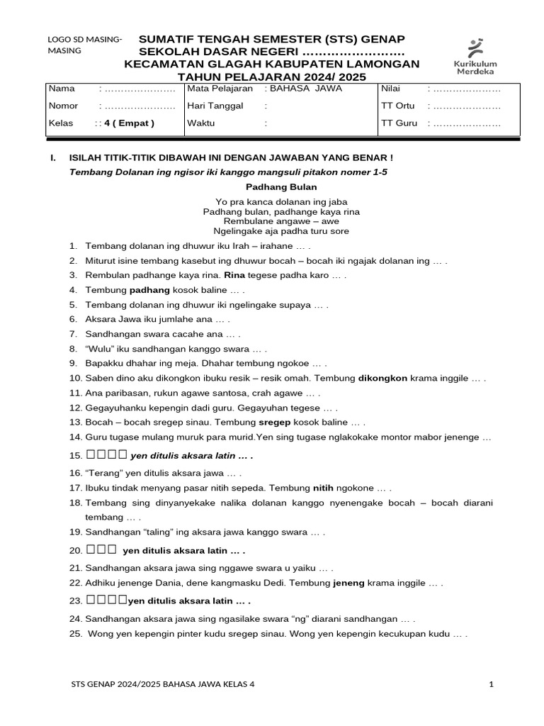 Soal STS BHS Jawa Kelas 4 Semester 2 | PDF