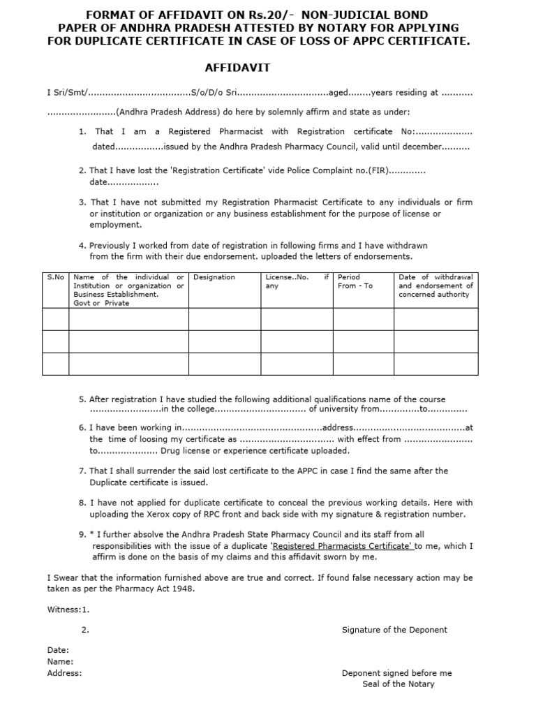 Affidavit For Applying Duplicate Certificate - Loss of APPC Certificate | PDF | Affidavit
