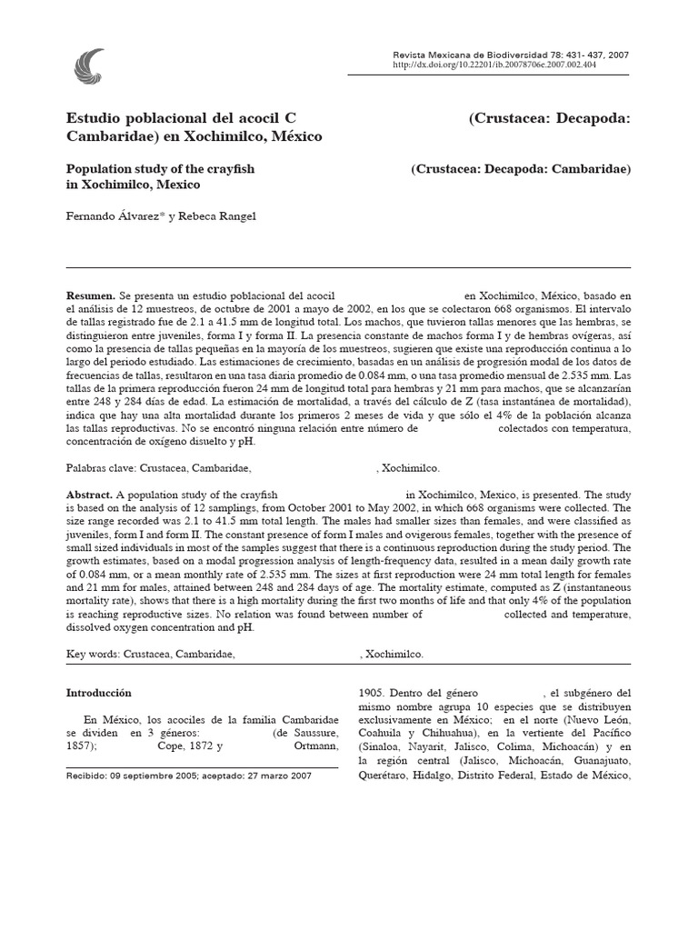 Estudio Poblacional Del Acocil Cambarellus Montezumae | PDF | Depredación