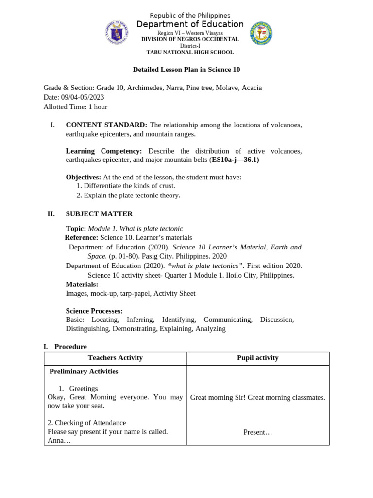 Science 10 Lesson Plan: Plate Tectonics | PDF | Plate Tectonics | Crust ...