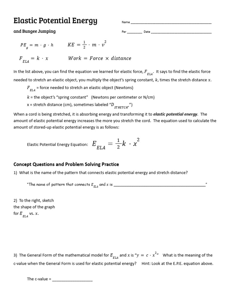 02.05C Worksheet: Elastic PE Fa24 | PDF | Potential Energy | Force