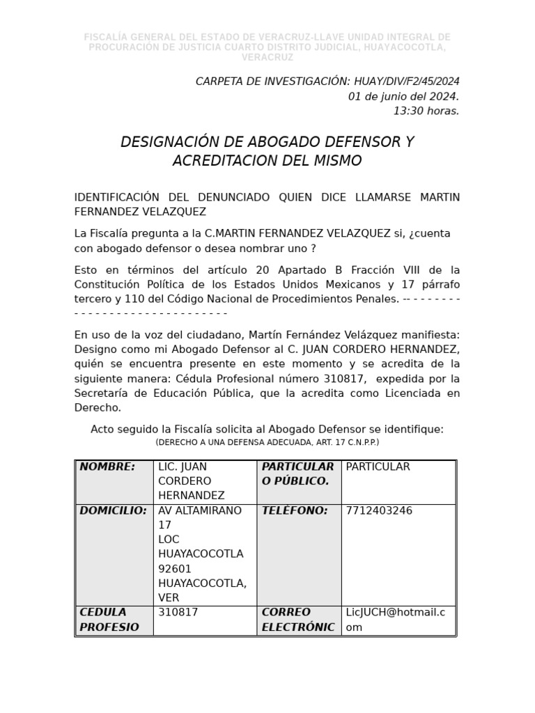 DESIGNACION DE ABOGADO DEFENSOR | PDF | Justicia | Crimen y violencia