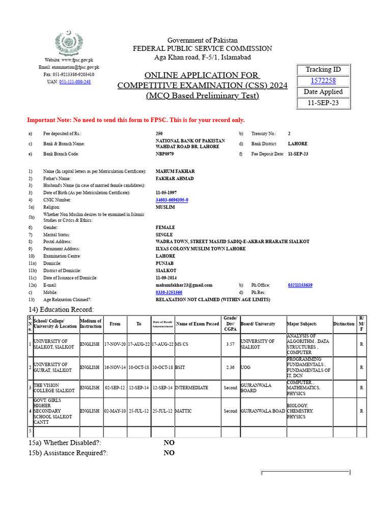 Competitive Examination (CSS) MPT - 2024 | PDF