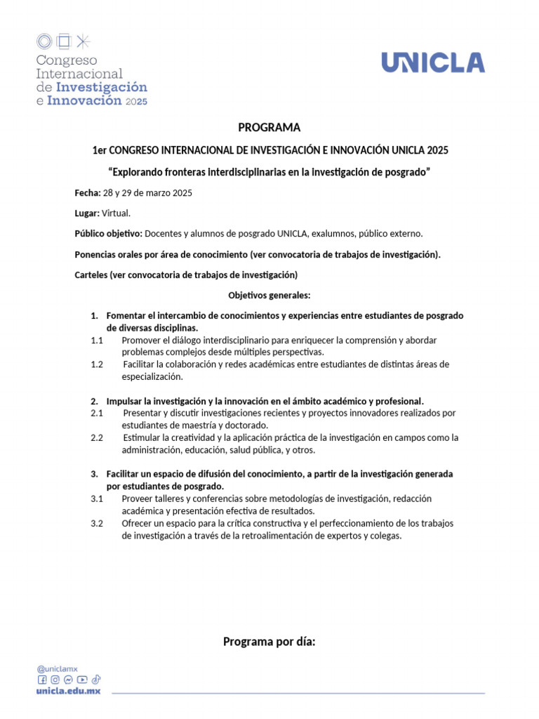 Programa 1er CONGRESO INTERNACIONAL DE INVESTIGACIÓN UNICLA 2025 Versión Virtual Simplificado ...