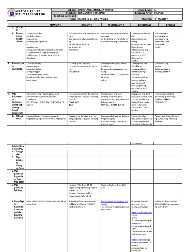 Grade 5 DLL FILIPINO 5 Q4 Week 6 | PDF