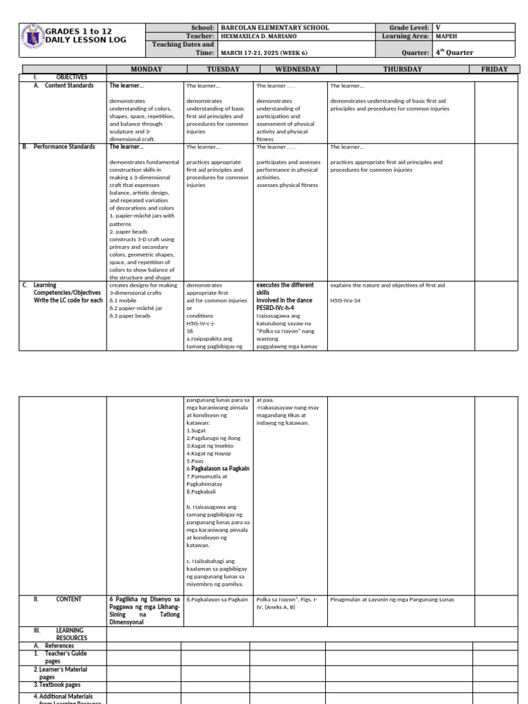 Grade 5 DLL MAPEH 5 Q4 Week 6 | PDF
