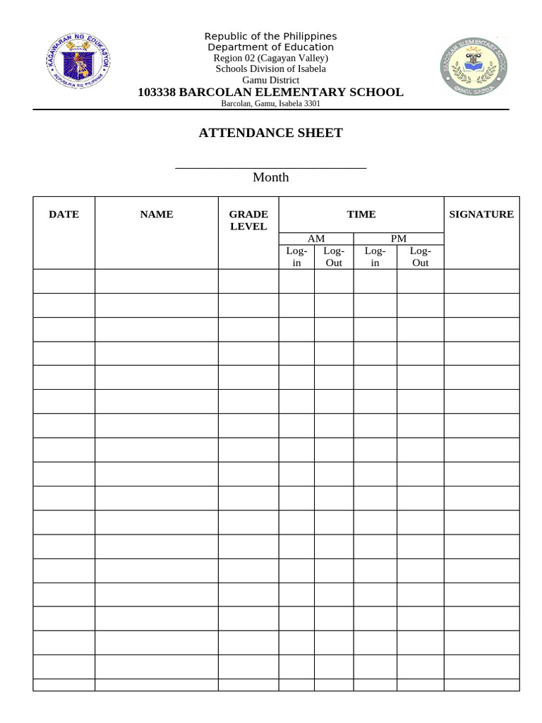 Barcolan Elementary School Attendance Sheet | PDF