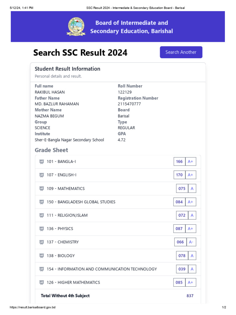 SSC Result 2024 - Intermediate & Secondary Education Board - Barisal - Rakib | PDF | Secondary ...