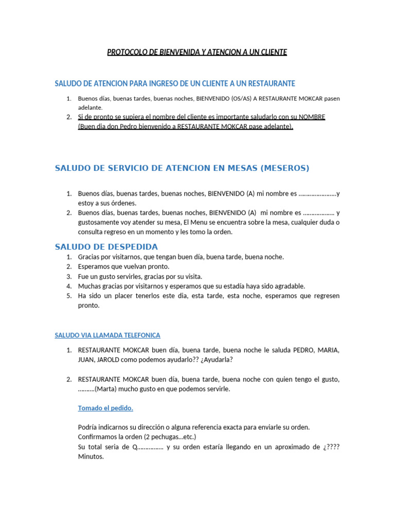 Protocolo de Bienvenida y Atencion A Un Cliente | PDF