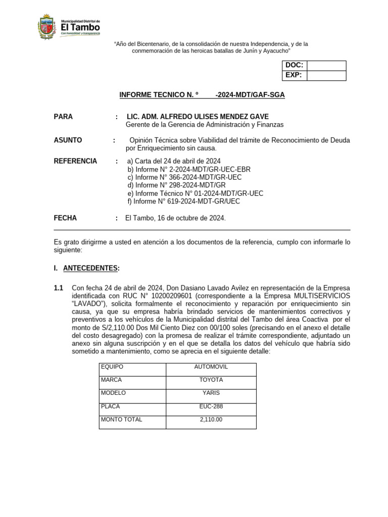 Muni El Tambo Proyecto de Informe Técnico Sobre Reconocimiento de Deuda Por Enriquecimiento Sin ...
