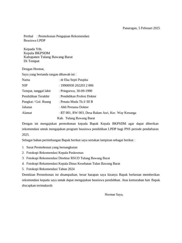 Permohonan Rekom LPDP DR Eka Ke BKD | PDF