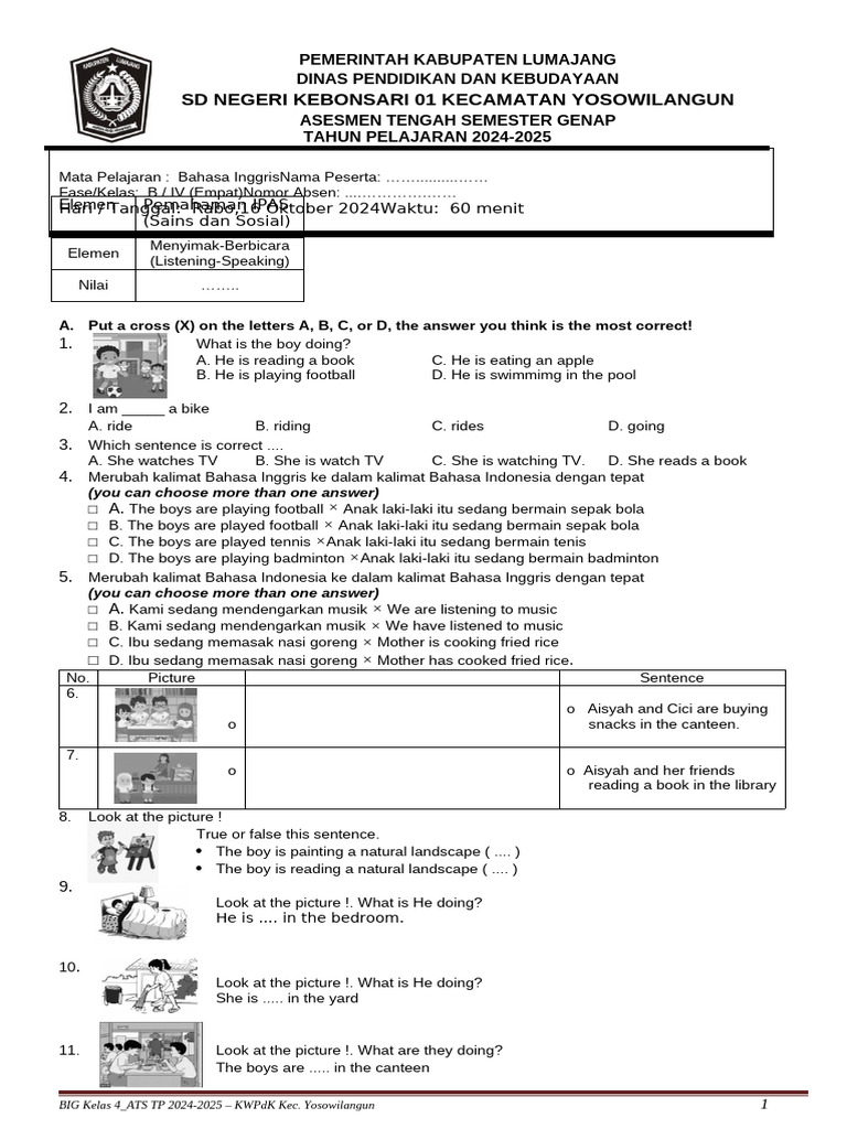 Soal PTS Bhs - Inggris Kls.4 Sem.1 TP 2024-2025 | PDF | Interior Design | Home