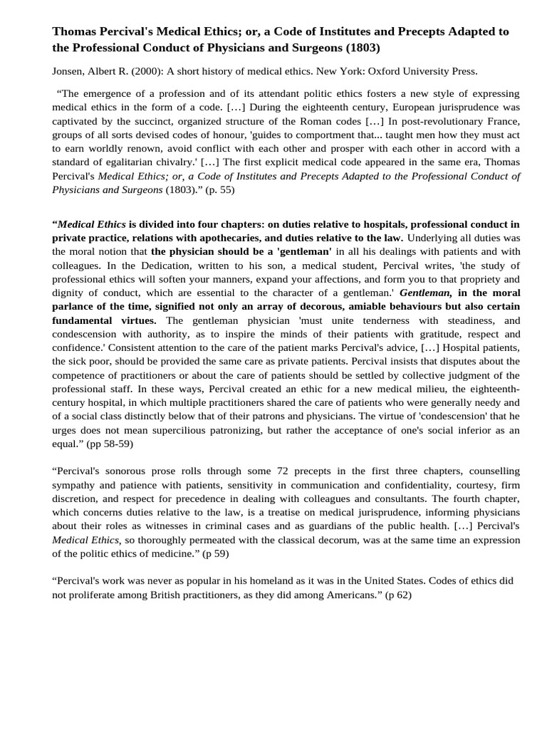 Thomas Percival (Jonsen, 2000) | PDF | Medical Ethics | Medicine