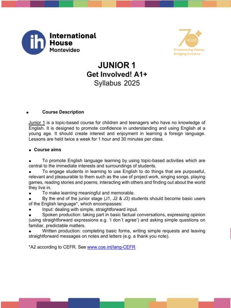J1 - Get Involved! A1 - Syllabus 2025 | PDF | English Language | Vocabulary