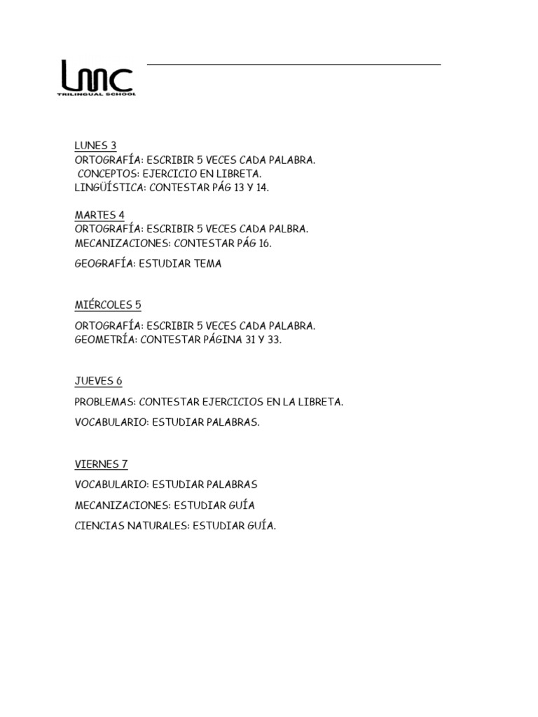 Hoja de Tareas 3 Al 7 de Marzo 5to | PDF