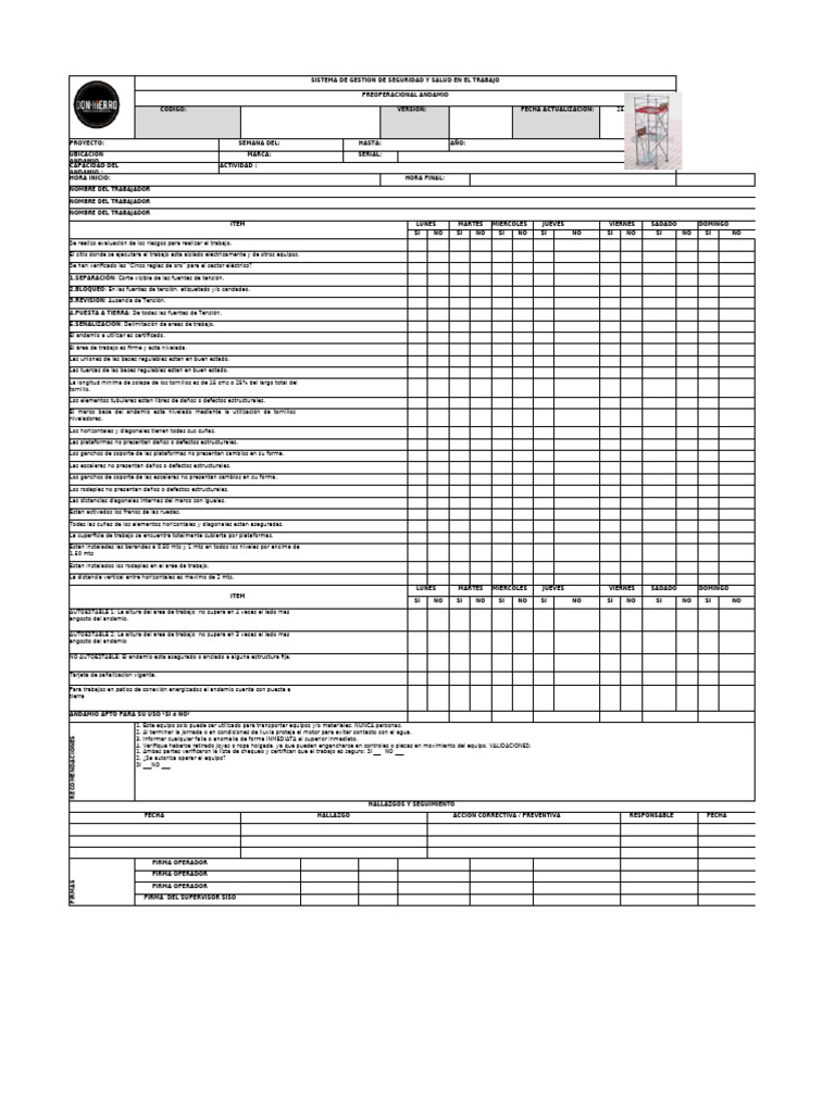 Checklist de Seguridad para Andamios | PDF | Andamio | Tornillo