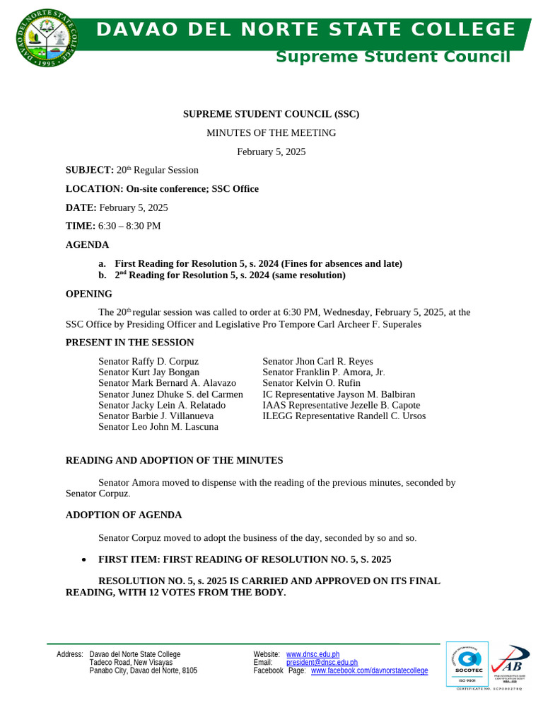 Sample Minutes of The Meeting (Legislative Session) | PDF | Public Law ...