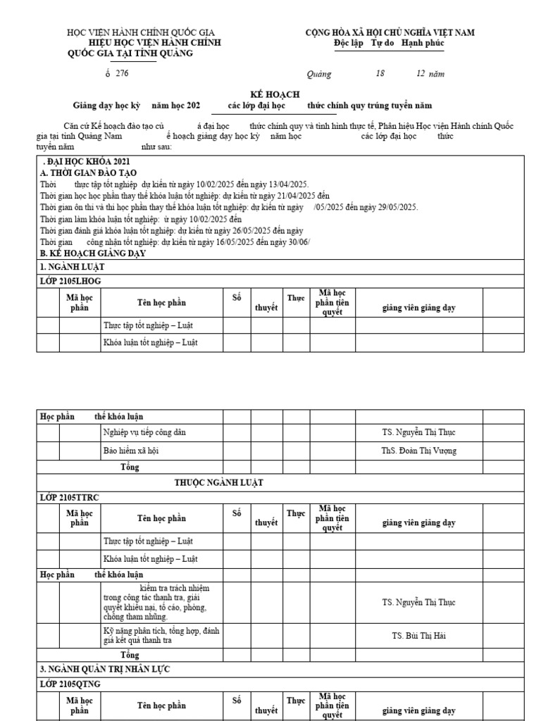 Ke hoach giang day hoc ky II nam hoc 2024-2025 cac lop dai hoc chinh quy trung tuyen nam 2021 ...