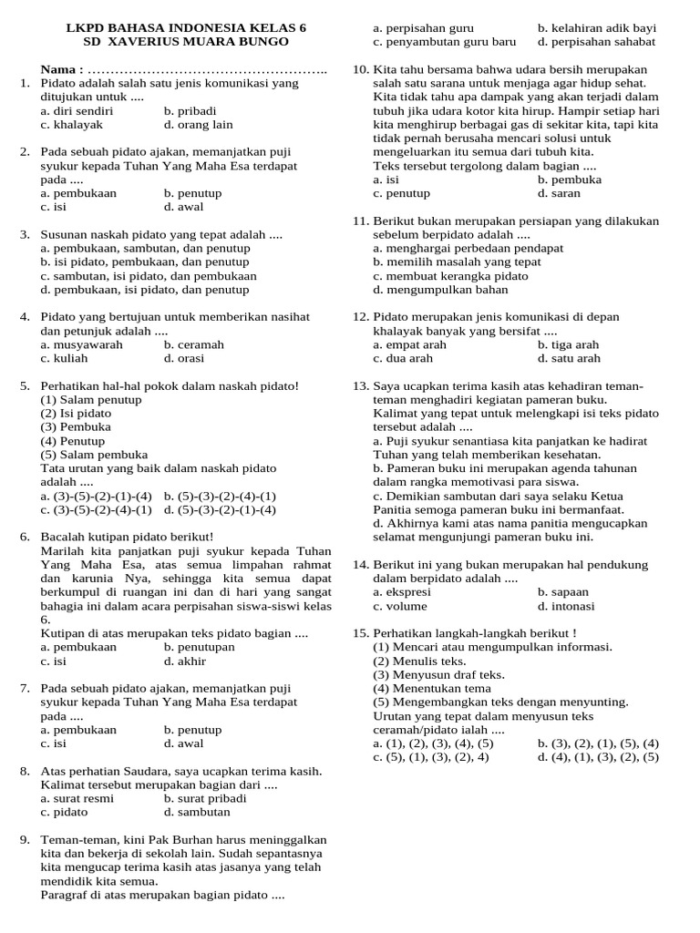 LKPD Bahasa Indonesia Kelas 6 Pidato Part 2 | PDF