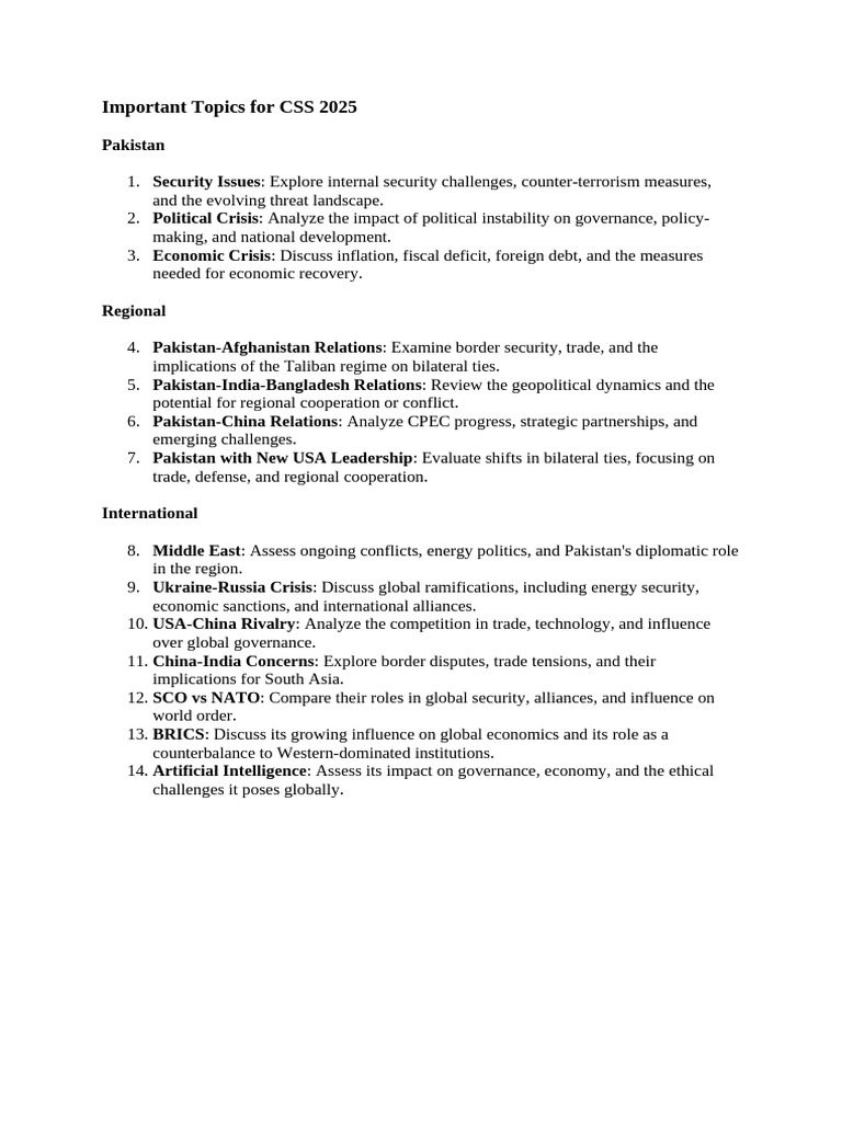 Important Topics For CSS 2025 | PDF