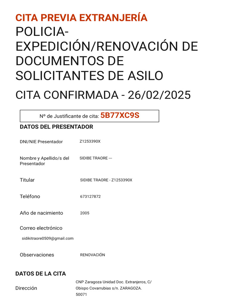 Cita Prevista para Renovación de Asilo | PDF