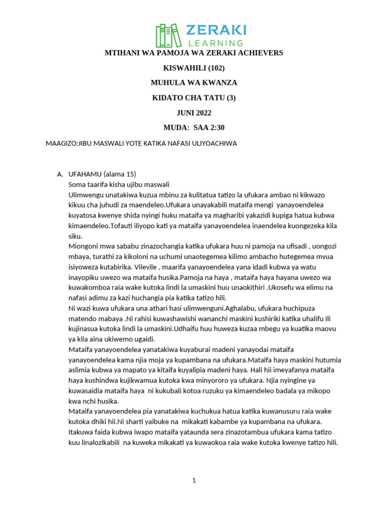 Mtihani Wa Pamoja Wa Zeraki Achiever1 | PDF
