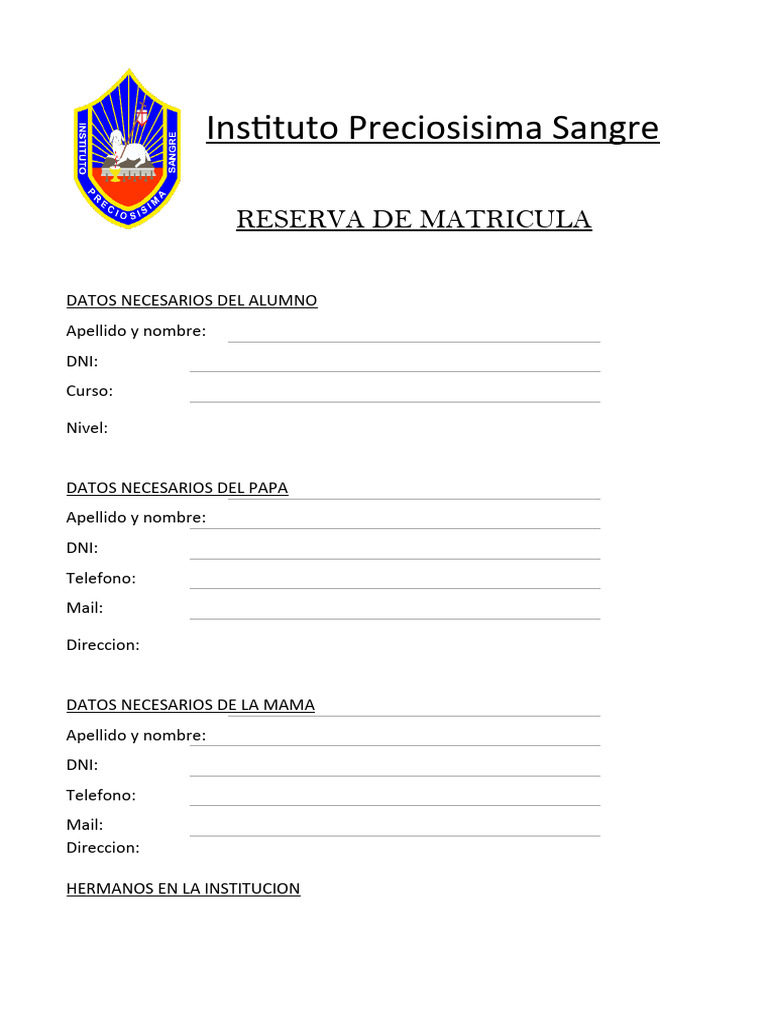 Reserva de Matrícula Instituto Preciosisima Sangre | PDF