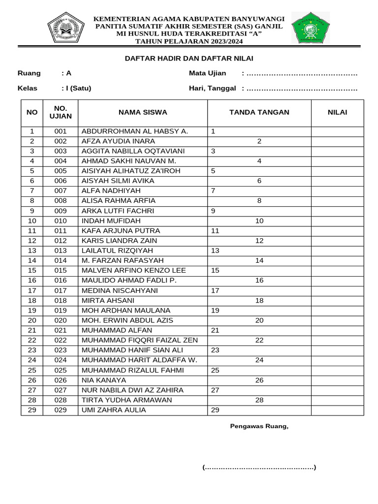 Daftar Hadir Dan Nilai SAS Ganjil | PDF