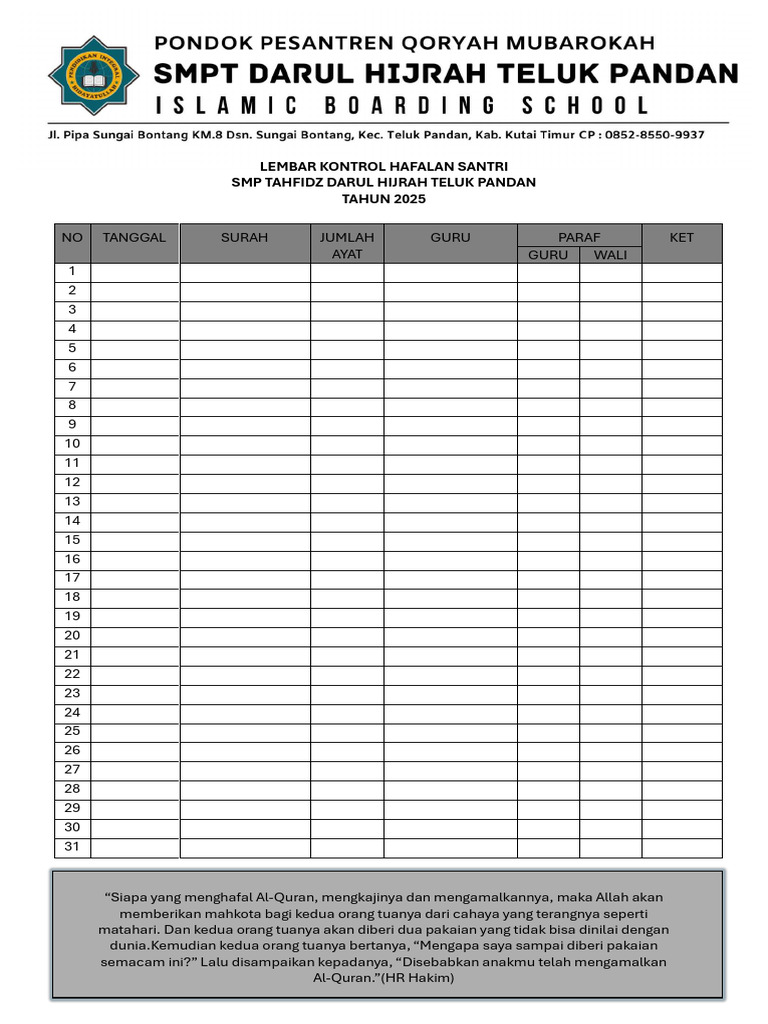 Lembar Kontrol Hafalan Santri | PDF