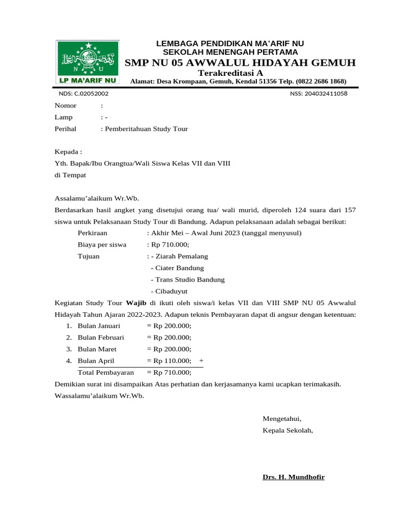Surat Pemberitahuan Dan Undangan Study Tour | PDF