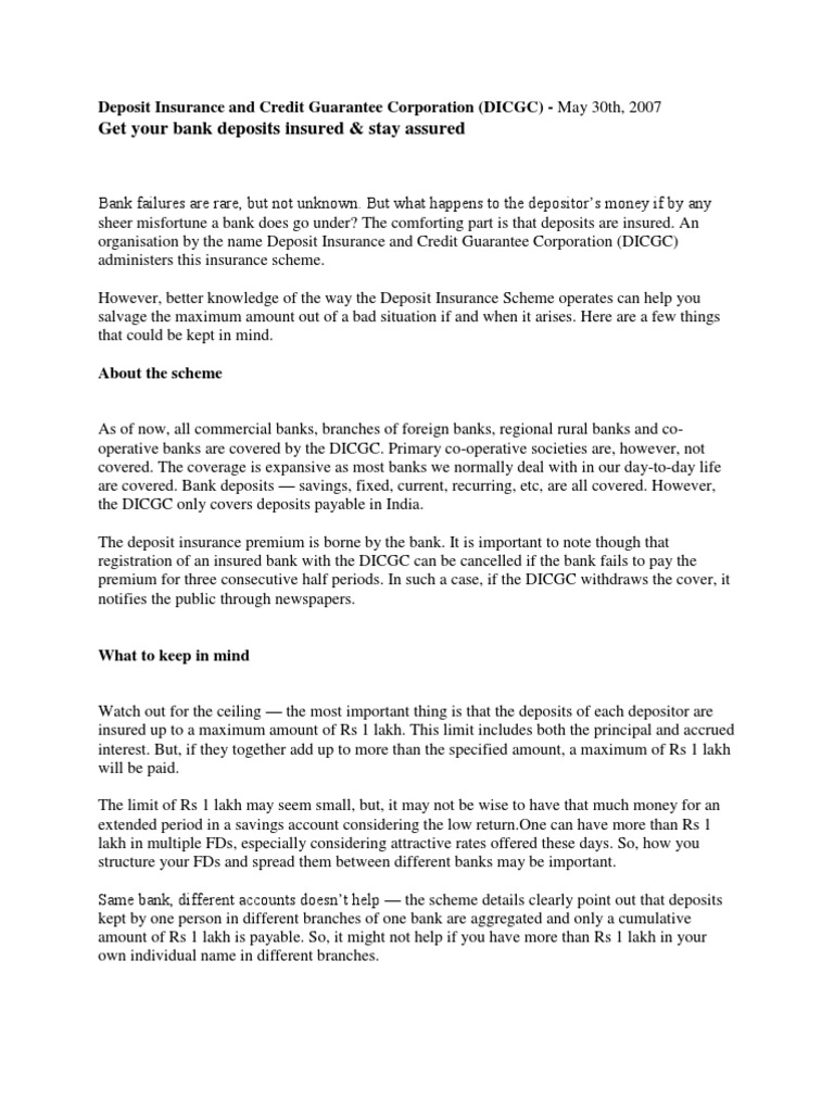 Deposit Insurance and Credit Guarantee Corporation | PDF | Banking ...