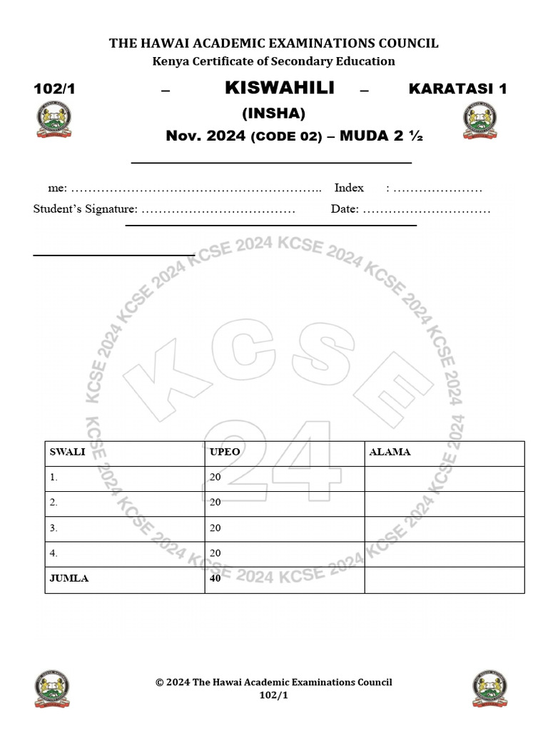 HAWAI KCSE 2024 KIS PP1 QS - CODE 02 | PDF
