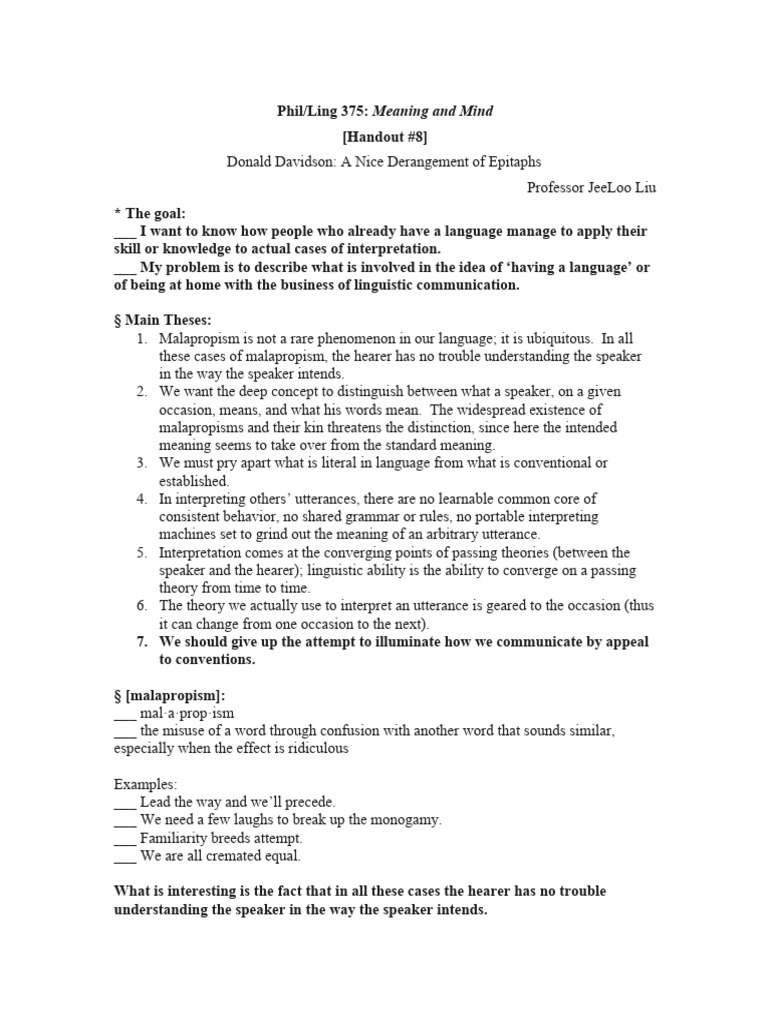 375 (8) Davidson_A Nice Derangement (handout) | PDF | Semantics | Theory